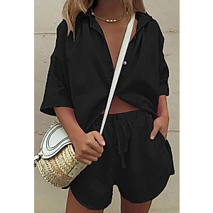 Fixmatti Two Piece Outfits for Women Short Sleeve Collar Button Shirt Top Loose Shorts Set Casual Tracksuit Streetwear Black L