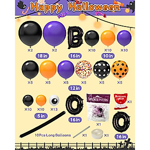 Gojmzo Halloween Balloon Garland Arch Kit, 5/10/12/18 Inch Confetti Purple Black and Orange Balloons with Spider Web, Halloween Decorations Indoor, Halloween Balloon for Party Decorations