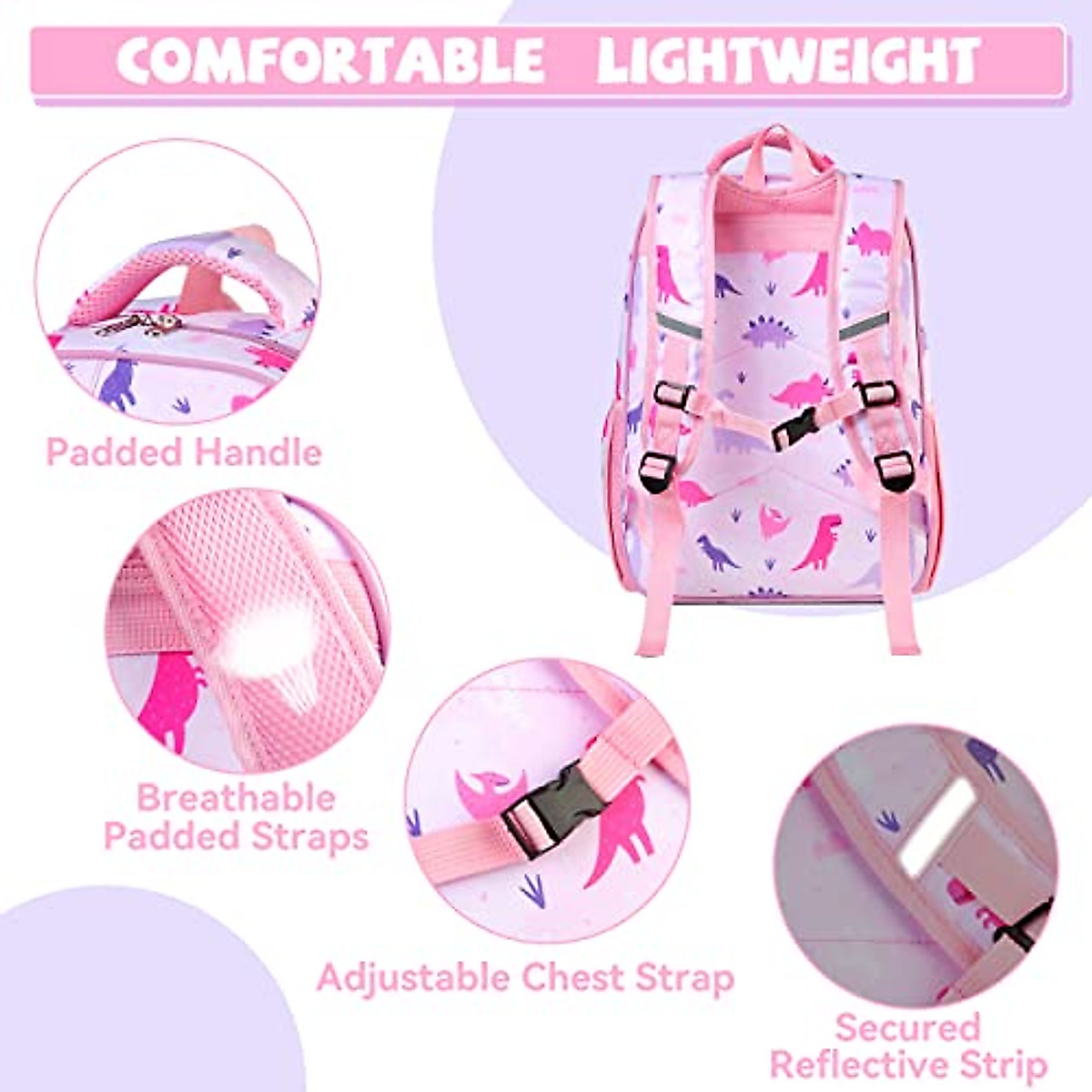 VASCHY School Backpack for Girls, 16in Water Resistant Backpack for Kids Preschool/Primary/Elementary Schoolbag Bookbag for Girls with Tablet Sleeve Pink Dino