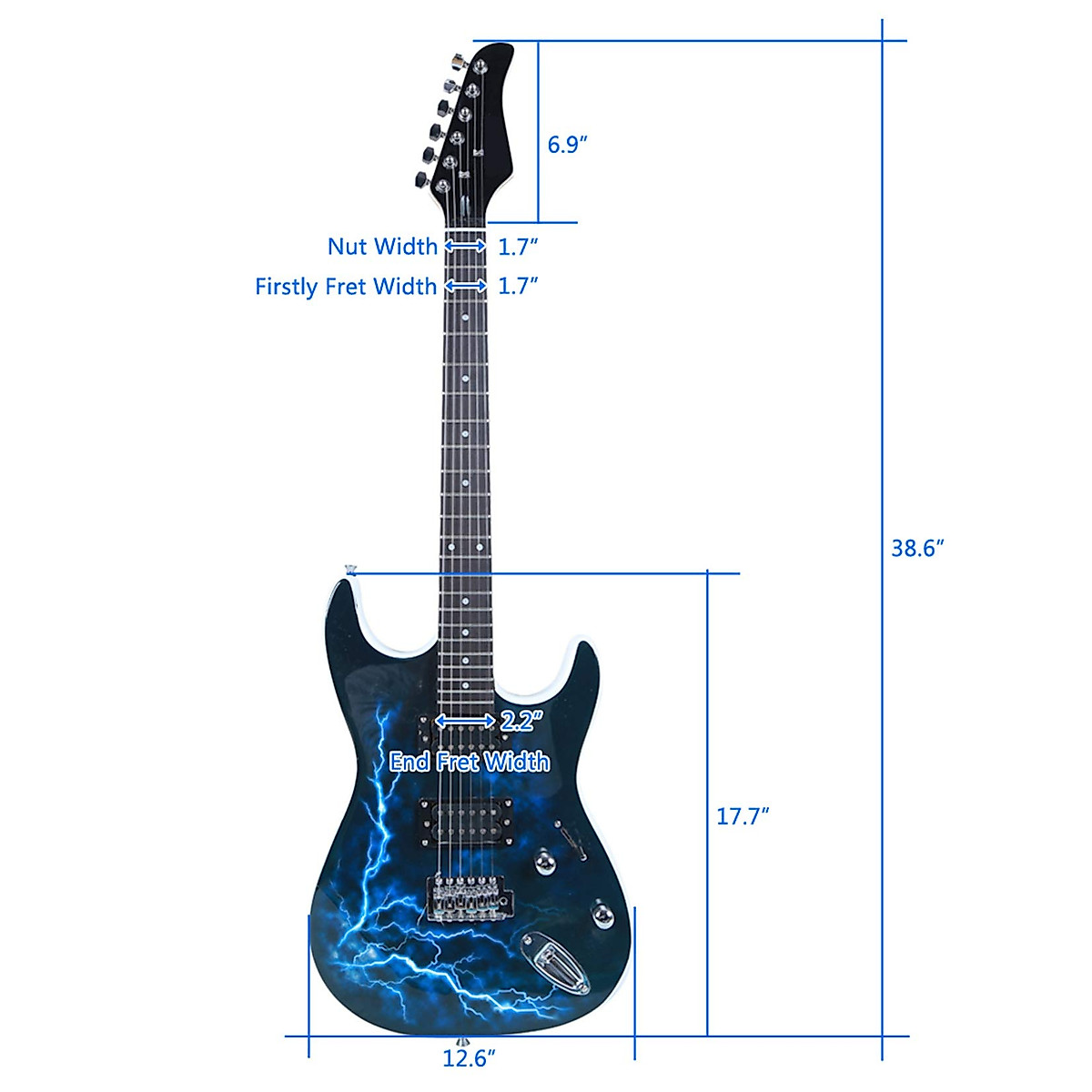 DZMARK Lightning Style Electric Guitar with Power Cord/Strap/Bag/Plectrums Black & White Guitars Case and Accessories Pack Beginner Starter Package