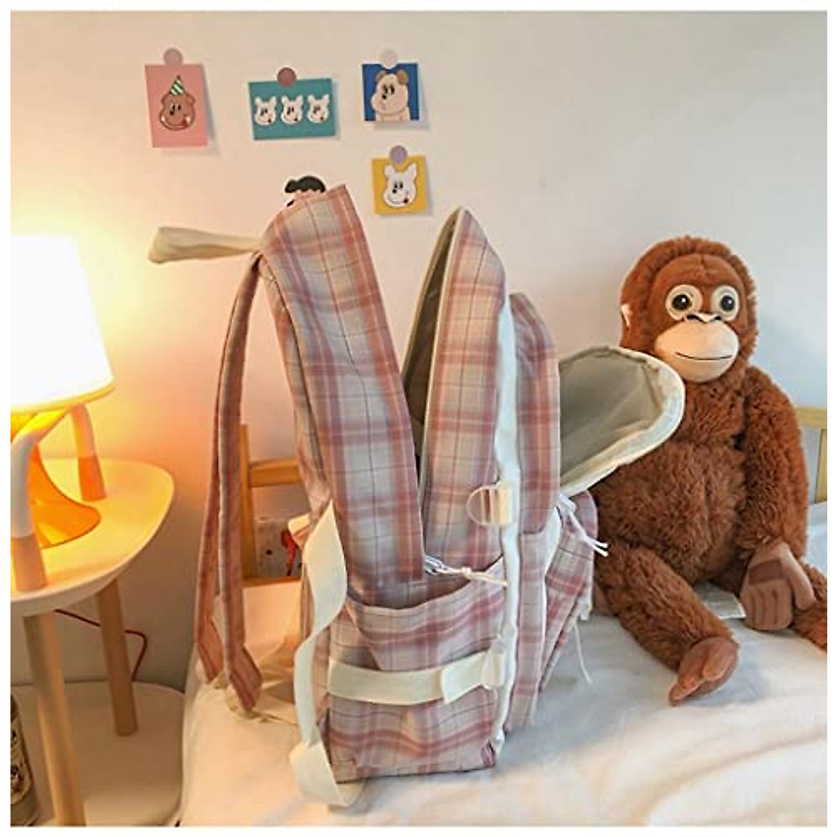 Aoakva Kawaii Plaid Backpack Purple Trendy Travel Bag with Free Cute Bear Pendant (Plaid purple), Regular