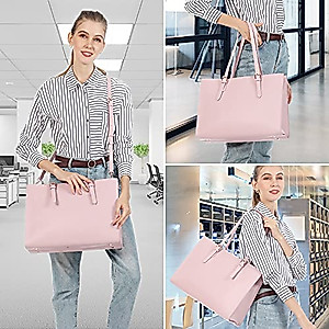 LOVEVOOK Laptop Bag for Women, Fashion Computer Tote Bag Large Capacity Handbag, Leather Shoulder Bag Purse Set, Professional Business Work Briefcase for Office Lady, 2PCs, 15.6-Inch, Light Pink