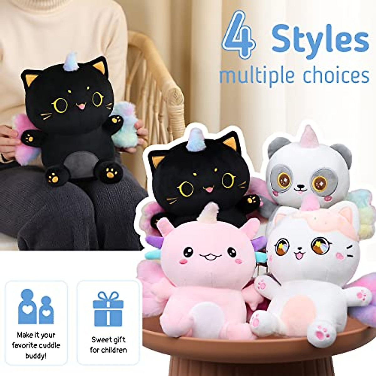 AIXINI Cute Caticorn Plush Stuffed Unicorn Black Cat Animal Plushie 10" Soft Toy with Rainbow Wings for Girls