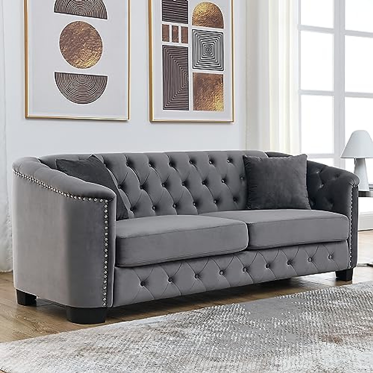 EMKK 77" Chesterfield Velvet Sofa, 3-Seater Upholstered Couches Tufted Backrests with Nailhead Arms and 2 Cushions for Living Room, Bedroom, Apartment, Office, G-Grey