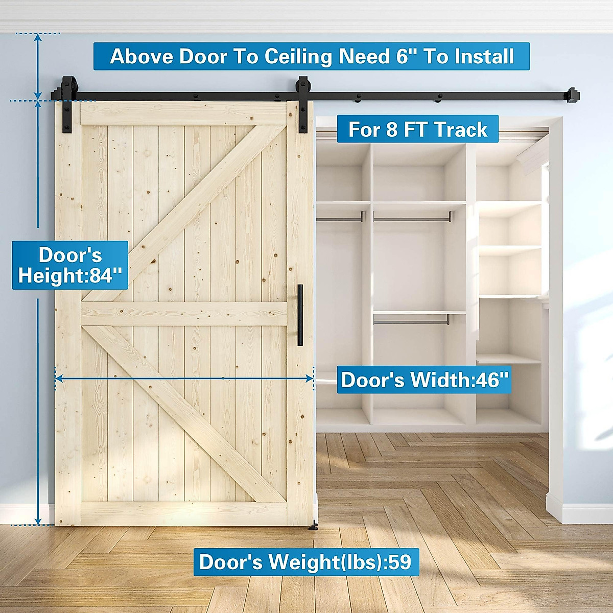 ZEKOO 46in x 84in Classic Style Sliding Barn Door Slab,Solid Spruce Wood Unfinished, Pre-drilled, Easy to Install Assemble, Interior Barn Door Wood Panel