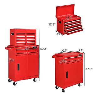 TUFFIOM 5-Drawer Rolling Tool Chest, Tool Storage Cabinet w/Drawers, Wheels, Detachable Top & Adjustable Shelf, Mechanic Tool Organizer Box for Garage, Workshop, Warehouse & Repair Shop, Red