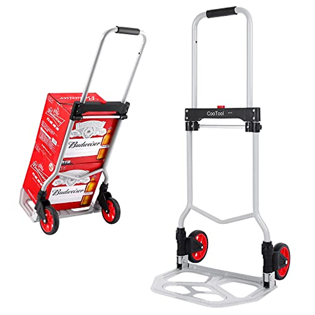 CooTool Folding Hand Truck and Dolly, 265 lb Capacity Aluminum Portable Cart with Telescoping Handle and PP+EVA Wheels