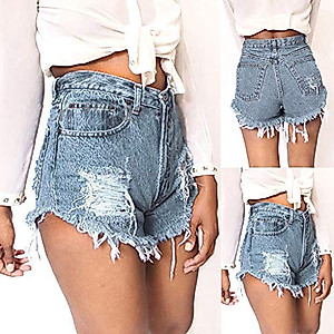 Fashion Slim Shorts,THENLIAN Womens Pocket Hole Jeans Denim Pants Female High Waist Slim Sexy Shorts(XXL, Blue)
