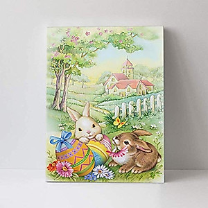 Ouqiuwa 16" X 12" Vintage Easter Bunnies Eggs Soft Canvas Wall Art Print Unframed Gallery Wrap Home Decor Pictures for Living Room Bedroom