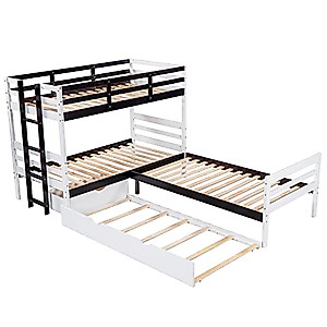 P PURLOVE Twin Over Twin & Twin Bed Bunk with Trundle, Drawer and Ladder, L-Shaped Bunk Bed Frame with Wooden Slat Support and Full-Length Guardrails, No Box Spring Needed (White)