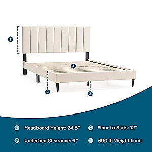 Lucid Bed Frame with Headboard – Vertical Channeled Upholstered Platform Frame – Queen Size– No Box Spring Needed - Pearl