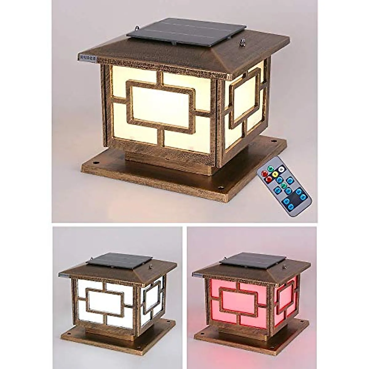 Led Solar Three-Color Dimming Outdoor Column Lamps Industrial Square Glass Post Lights Street Home Door Garden Lighting Pillar Lights(Color:Brass,Size:L)