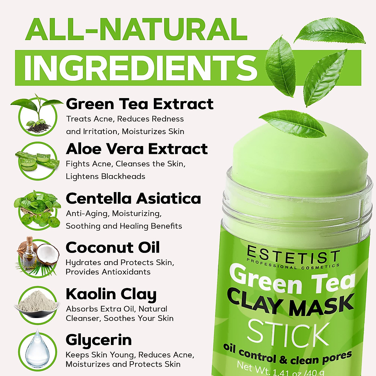 ESTETIST Green Tea Clay Mask Stick Set Purifying Face Mask Replenishing Moisture Deep Pore Cleanser Blackhead Remover Oil Control Skin Detoxifying Anti-Acne Treatment for All Skin Types Pack of 3