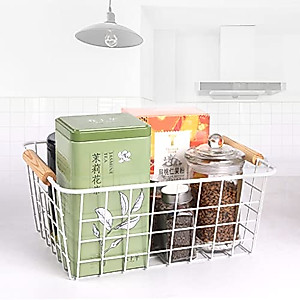 Fvstar 3pcs Wire White Baskets with Wooden Handles,Metal Storage Organizer Bins,Household Refrigerator Basket for Cabinets,Pantry,Shelf,Countertop,Closets,Bedrooms,kitchen