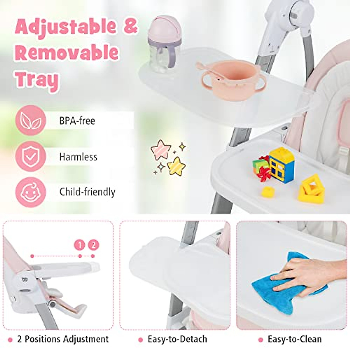 BABY JOY Baby Swings for Infants, 3 in 1 Foldable High Chair w/ 8 Adjustable Height, 5-Position Backrest, 3 Timer Settings, 12 Melodies and 5 Natural Sounds, Booster Seat for Dining Table (Pink)