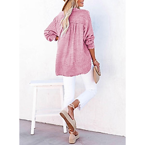 Dokotoo Womens Fashion Fall Clothes Button V Neck Long Sleeve Shirts Cotton Office Workout Pullover Blouses Tops Resort Wear for Women Tops Dressy Casual Small Pink