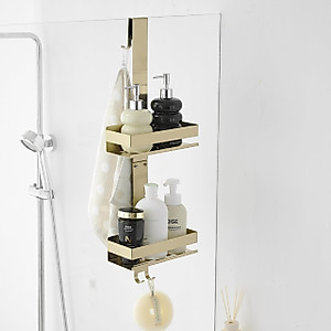 Hiendure Gold Shower Caddy Over Shower Door - 2 Tier Hanging Shower Caddy Organizer No Drilling, Shower Storage Shelf for Indoor Shower, Bathroom, Bedroom, Kitchen
