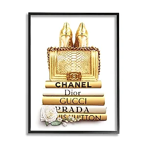 Stupell Industries Divine Golden Fashion Purse on Glam Designer Bookstack, Designed by ROS Ruseva Black Framed Wall Art, Gold