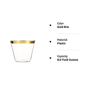 Munfix 100 Gold Plastic Cups - 9 Oz Clear Old Fashioned Tumblers - Fancy Gold Rimmed Cups - Disposable Wedding Cups - Elegant Party Cups with Gold Rim