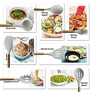 Silicone Cooking Utensils | Wooden Handle, Non-Stick Cookware Heat Resistant Kitchen Utensil Spatula, Slotted & Solid Spoon, Soup Ladle, Slotted Turner and Spaghetti Server,| Acacia Wood - Light Grey