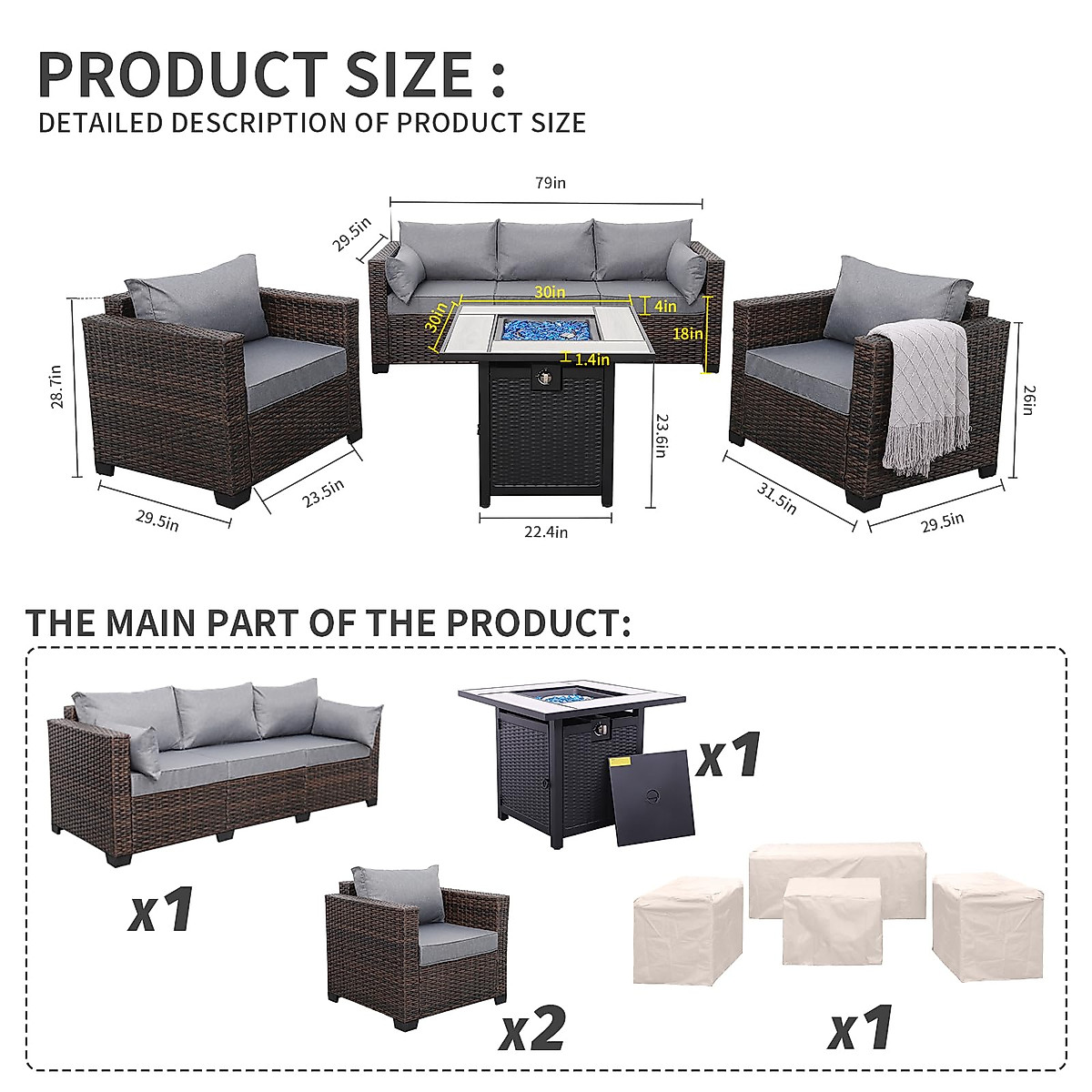 Valita Patio Rattan Furniture Set 4-Piece Outdoor PE Wicker Conversation Couch, Brown Sectional Sofa Couch with 50,000BTU Adjustable Fire Pit Table Non-Slip and Washable Gray Cushions