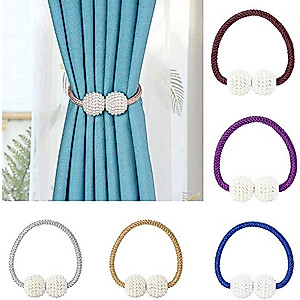 Fullgaden 2 Pcs Magnetic Curtain Tiebacks Convenient Drape Tie Backs Pearl Decorative Rope Holdback Holder for Small, Thin or Sheer Window Drapries, Light Blue