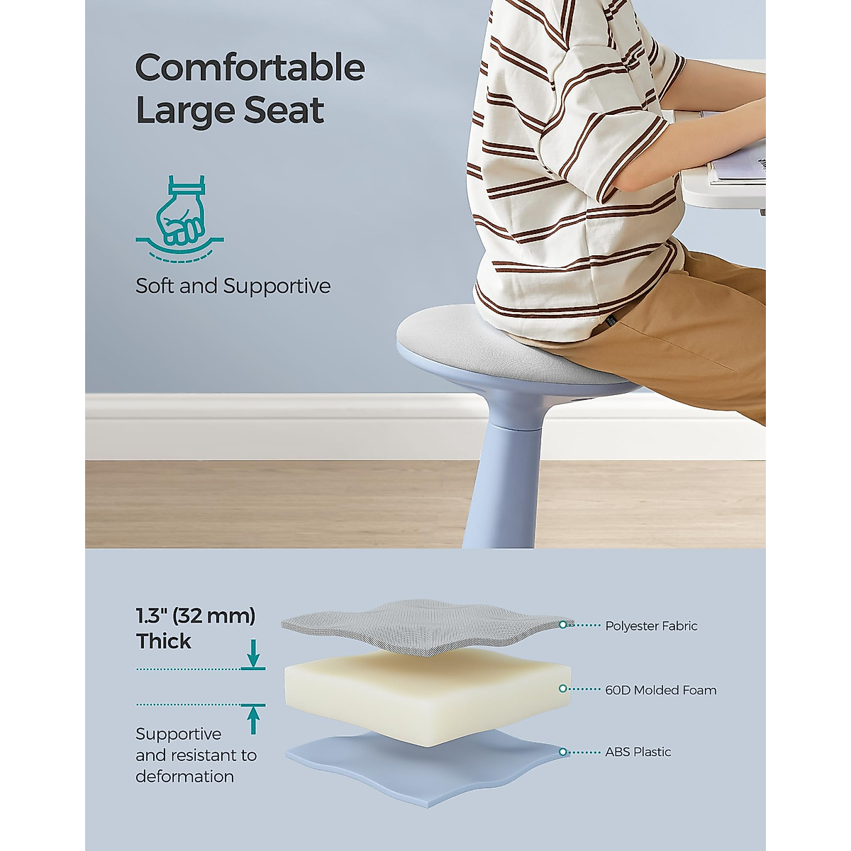 SONGMICS Kids Wobble Chair, Wiggle Stool for Kids Ages 8-12, Comfortable 60D Foam Seat, Breathable Fabric, Anti-Slip Base, 18.1-Inch High, Tool-Free Assembly, Pale Blue and Dove Gray UOSC010Q01