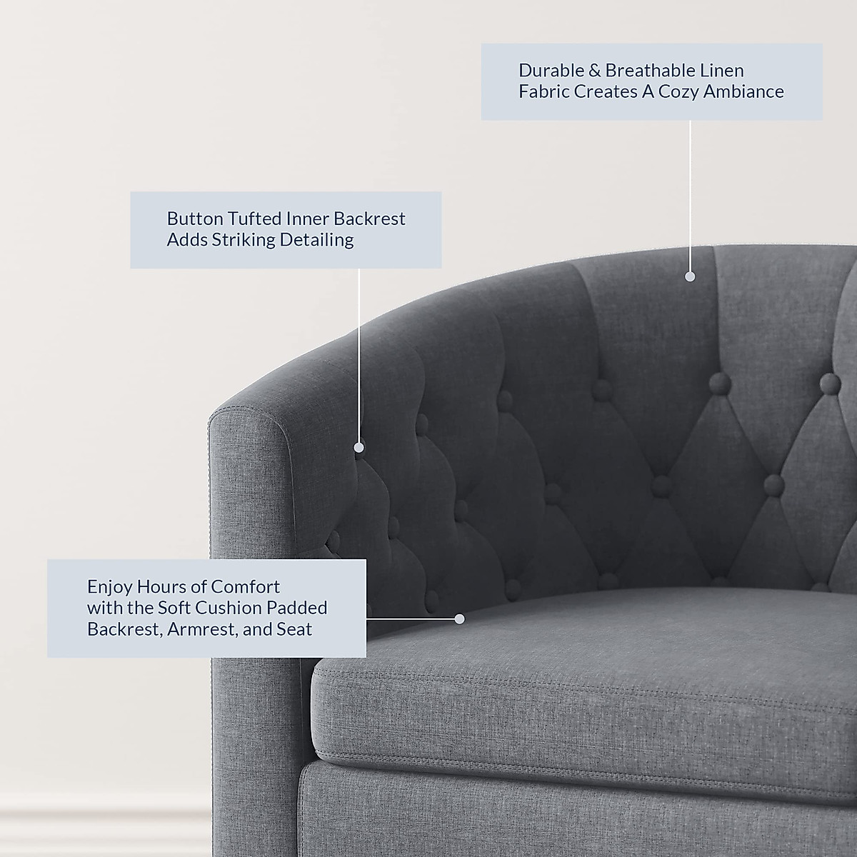 BELLEZE Gray Accent Chairs for Living Room, Elegant Arm Chair Upholstered Tufted Barrel Chair Club Chair for Bedroom with Sturdy Legs and Linen Fabric - Berlinda (Gray)