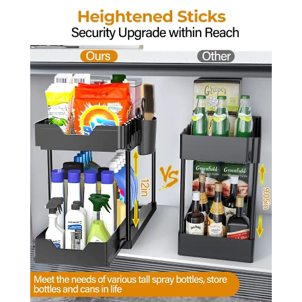 Under Sink Organizers and Storage Bathroom Organizer, 2 Tier Under Sliding Kicthen Cabinet Basket Organizer with Hooks, Hanging Cup, Dividers, Handles, Multi-purpose Under Sink Shelf Organizer, Black