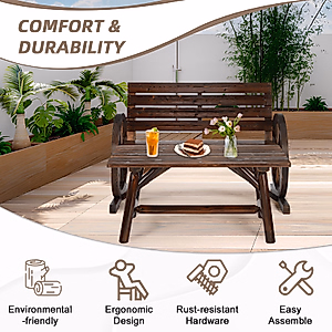 EPICOZY 2-Piece Wooden Wagon Wheel Bench Set with Coffee Table, 2-Person Rustic Wood Garden Bench W/Wagon Wheel Armrests & Slatted Backrest, Outdoor Patio Loveseat Furniture Set for Lawn Yard Park