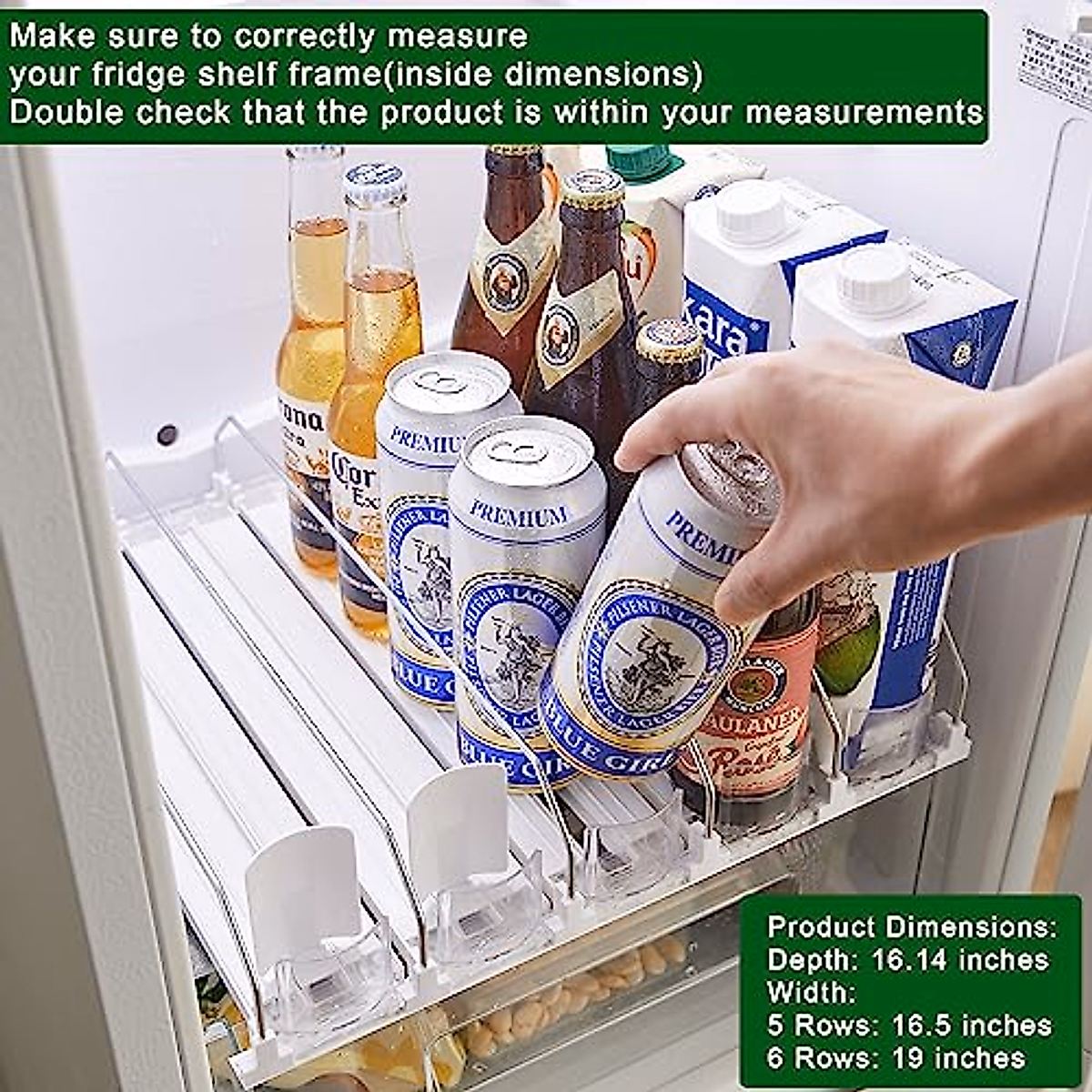 Soda Can Dispenser for Refrigerator, Width Adjustable Self-Pushin Soda Can Organizer, Beer Pop Can Water Bottle Storage for Fridge, Pantry, Kitchen (5 Rows, White)
