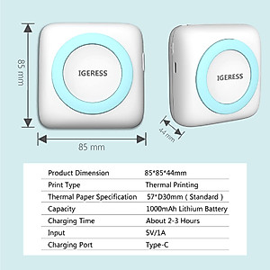 IGERESS Mini Printer, Wireless Bluetooth Pocket Thermal Printer, Sticker Printer, Portable Notes Picture Printer Receipt Paper Printer Compatible with iOS and Android