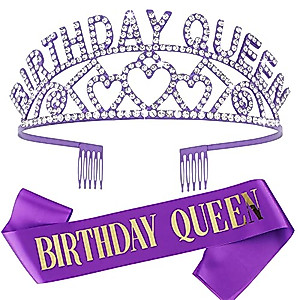 CIEHER Purple Birthday Sash & Queen Crown Kit, Purple Birthday Decorations, Purple Crown, Purple Tiara, Birthday Crowns for Women Girls, Purple Birthday Crown, Birthday Sash and Tiara for Women, Purple Birthday Gifts for Women, Purple Happy Birthday,Birth
