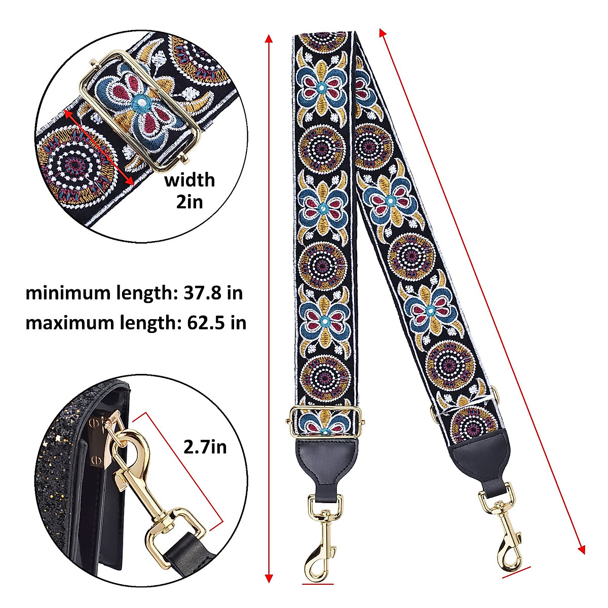 CLOUDMUSIC Handbag Strap Replacement Crossbody Strap Purse Strap for Women Girls(Embroidered Butterfly In Black)