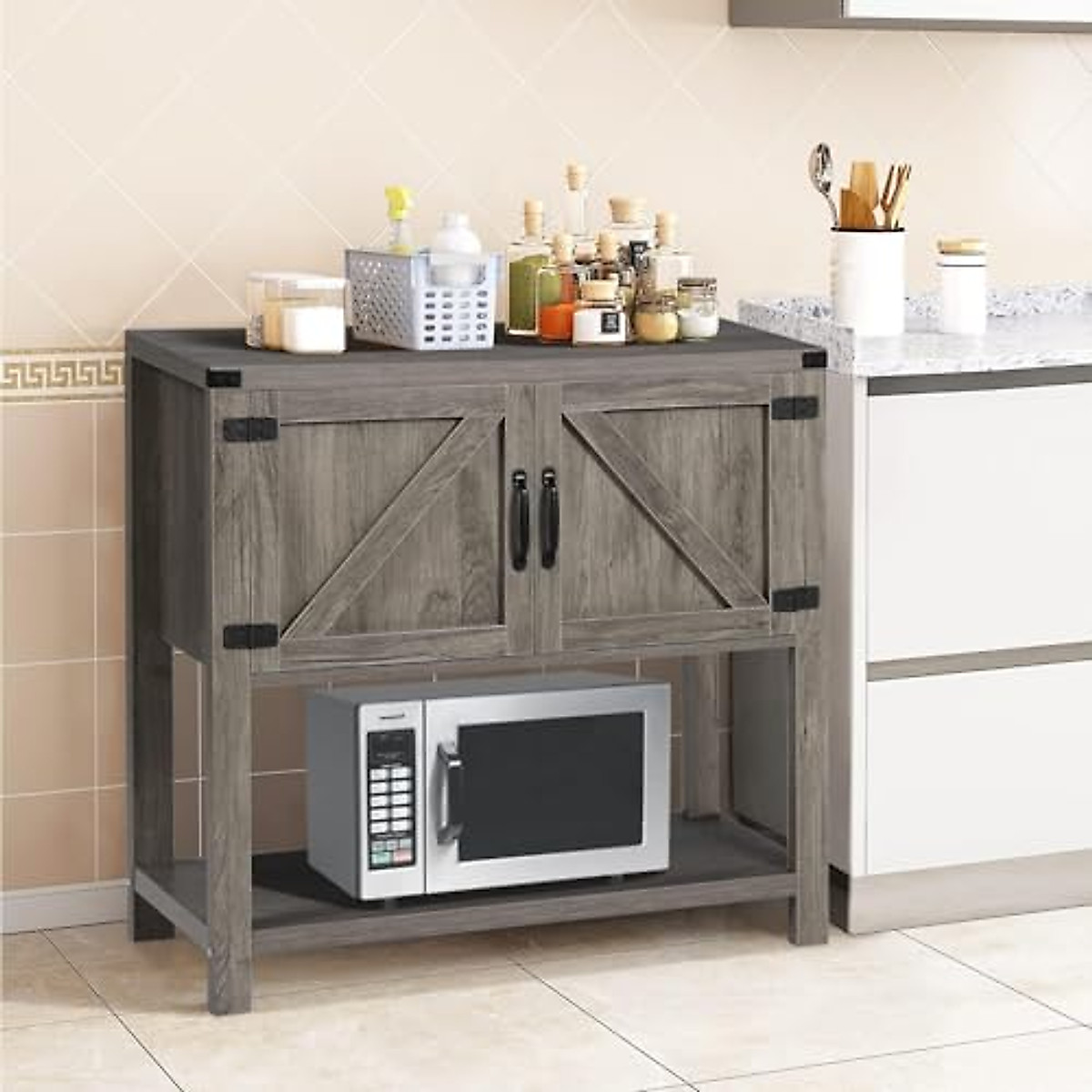 4ever2buy Farmhouse Coffee Bar Cabinet with Barn Doors, Grey Coffee Bar Stand with Storage, 36 inch Coffee and Tea Bar with Bottom Shelf for Living Dining Room