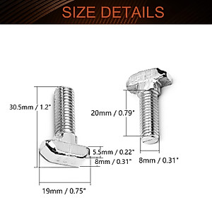 MroMax M8-1.25x25mm T Slot Bolts Carbon Steel Drop-in Stud Sliding Screw Bolt Metric Hammer Head Bolt for European Standard 45 Series Aluminum Extrusions Silver 20Pcs