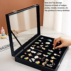 Dustproof Pin Display Case, 28x20x5cm Shadow Box Frame with Locking Buckle, Sponge Lining Medal Collection Display with Glass Door, for Enamel Pin, Badge, Military Medals, Beach Tags, Jewelry