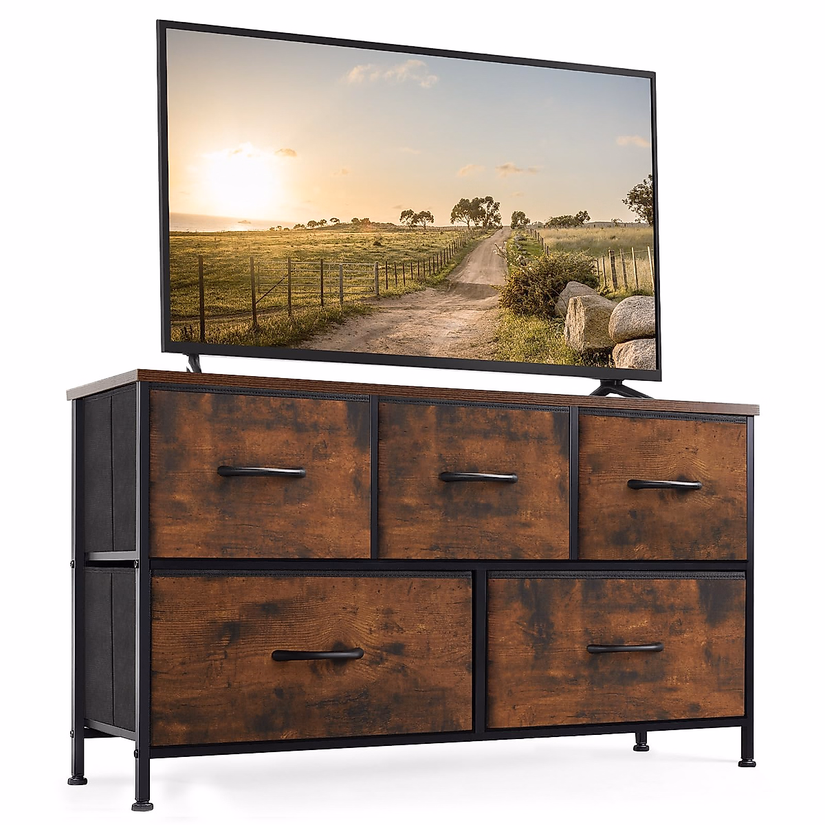 DUMOS Organizer, Console Table Entertainment Center Storage, 45 inch Shelf Closet Fabric Dresser for TV Stand Bedroom, 5 Drawers, Brown