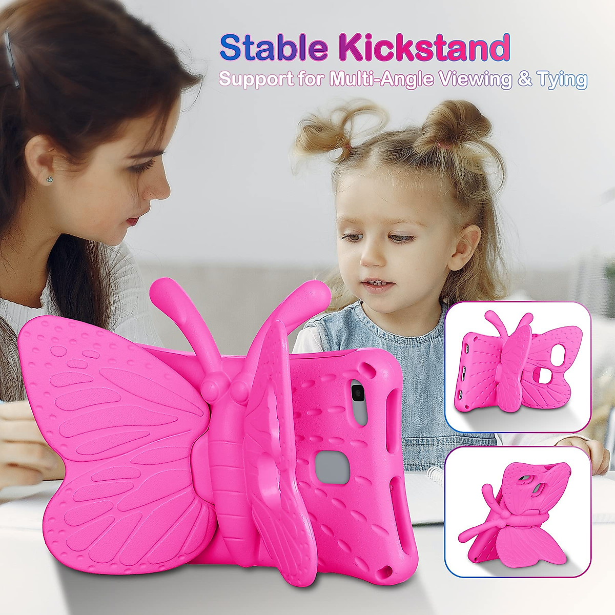 Feitenn Galaxy Tab A 8.0 Case for Kids 2019 SM-T290 / SM-T295, 3D Cartoon Butterfly Cover Non-Toxic EVA Kickstand Kid-Proof Shockproof Bumper Shell Girl Boy Gift for Samsung Tab A 8.0'' 2019 - Rose