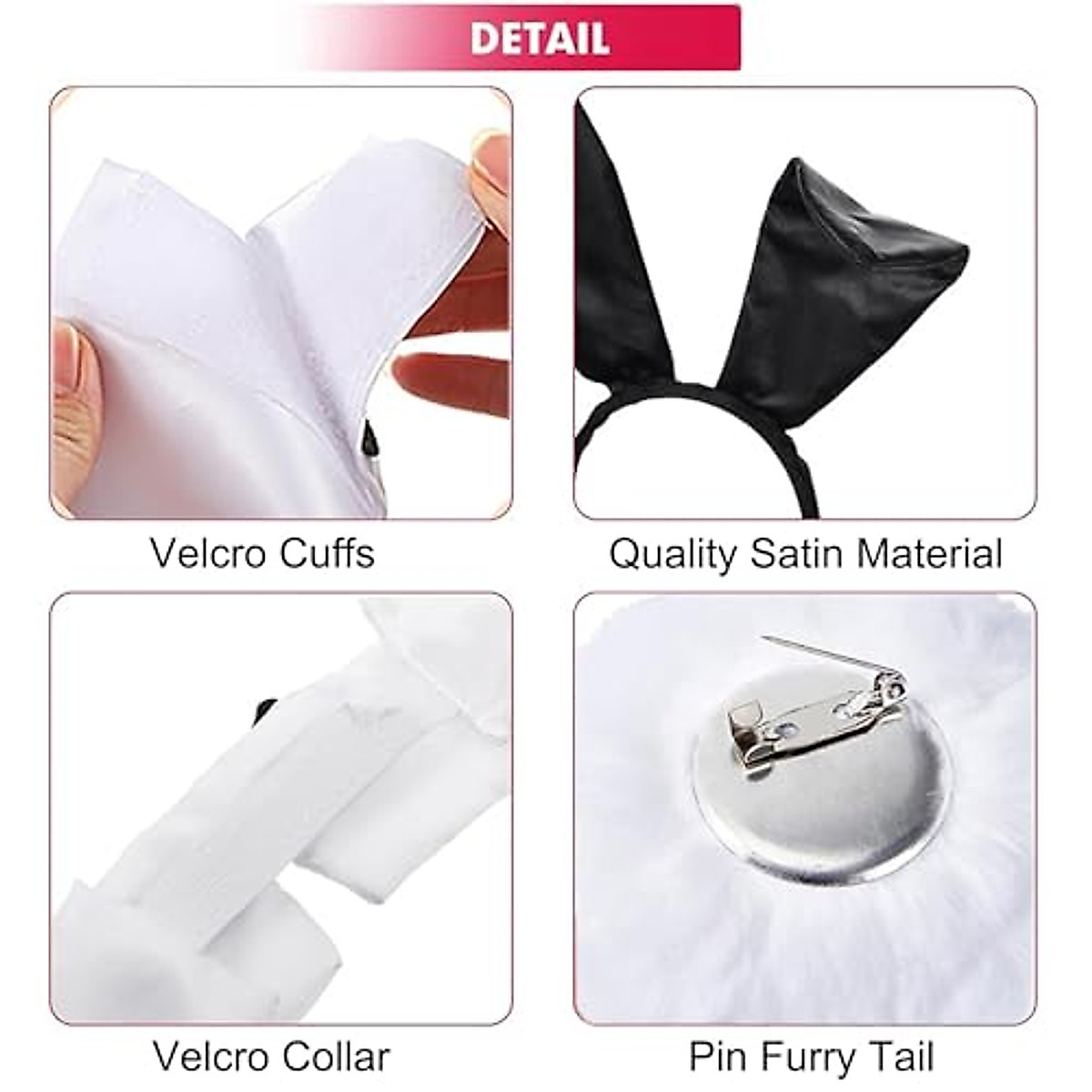 8 Pcs Bunny Costume Set Bunny Ear Headband Bow Tie Collar Cuffs Gloves Stockings Rabbit Tail Bunny Accessories Set for Easter Christmas Halloween Party Cosplay