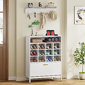 Tribesigns Shoe Cabinet with Coat Rack, Entryway Shoe Storage with Flip Door and 12 Shoe Cubbies, White Shoe Organizer Rack for Narrow Closet, Entryway, Living Room, 20 Pairs