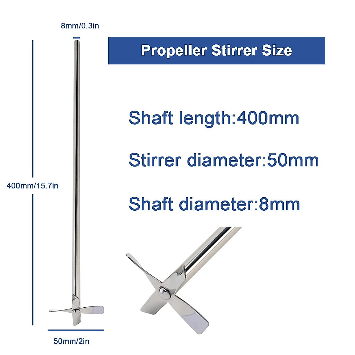 ONiLAB 18900071 316L Stainless Steel 4 Bladed Propeller Stirrer ，50 mm Stirrer Diameter, 8 mm Shaft Diameter, 400 mm Shaft Length