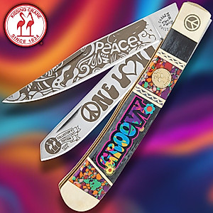 KISSING CRANE Groovy Trapper Pocket Knife | Laser Etched Stainless Steel Blades | 3D Printed Bone and Acrylic Handle Scales | Nickel Silver Boosters | 1960's Tribute | Closed Length 4"