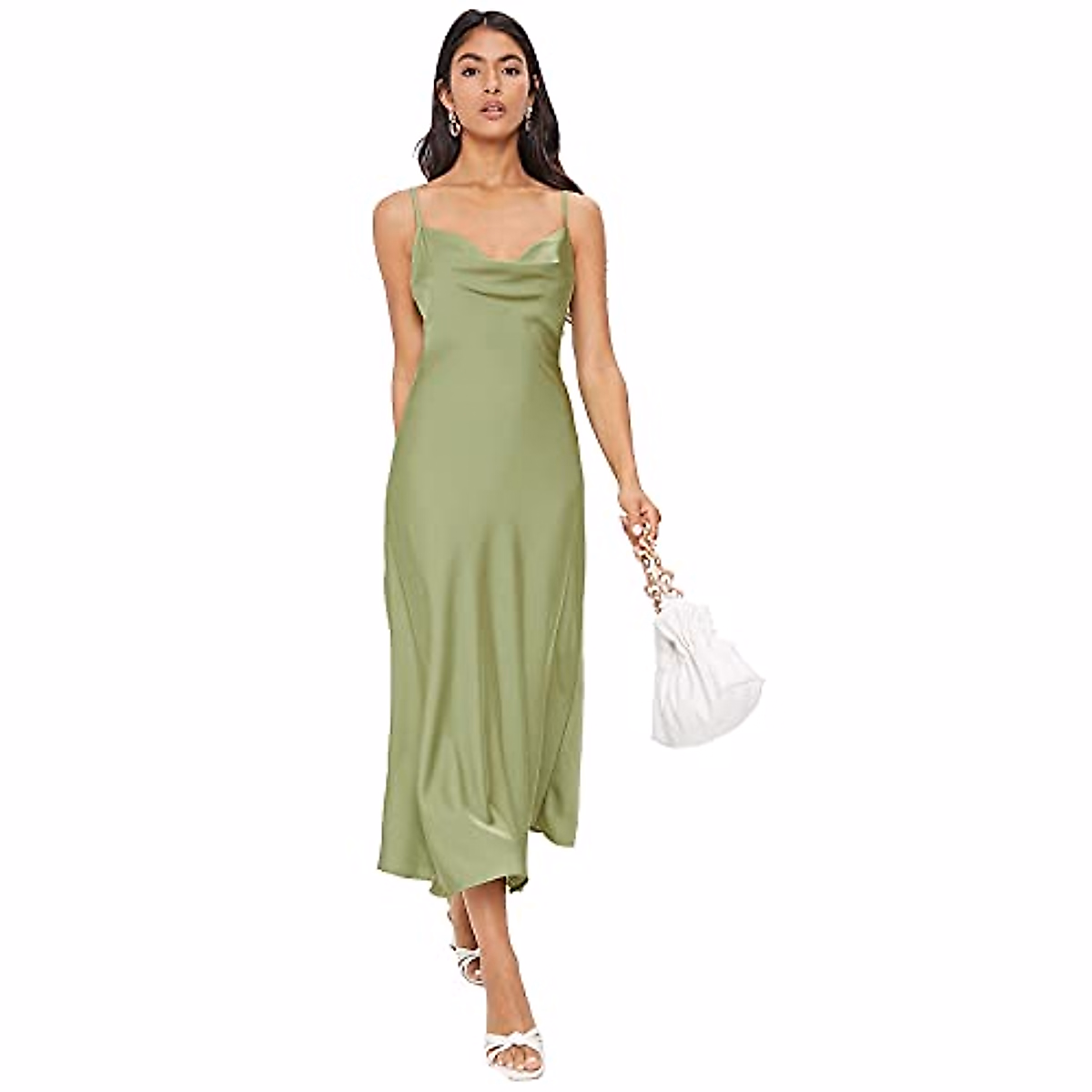 Floerns Women's Spaghetti Strap Cowl Neck Long Slip Satin Silk Midi Dress Green S