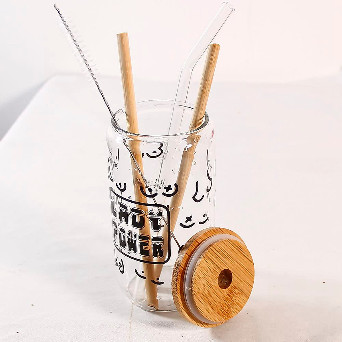 TAOHUAJIANG 16 oz Iced Coffee Cup with Bamboo Lids and Straws Mason Jar Cups and Iced Coffee Tumbler with Lid and Straw Glass Cups