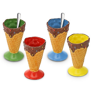 Kovot Ceramic Dessert & Ice Cream Cone Set - Includes 4 Ceramic Cones And 4 Metal Spoons