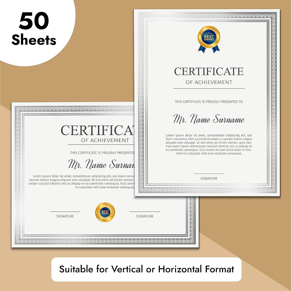 Juvale 50 Sheets Certificate Paper for Printing with Silver Foil Border for Graduation Diploma, Achievement Awards (8.5 x 11 in)
