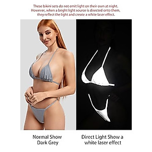 Reflective Rave Outfits for Women - Sexy Shiny Festival Halter Triangle Top Thong EDM Night Metallic Bikini Set(Silver,XS,1036e)