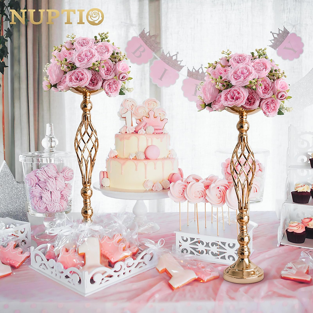 Versatile Metal Flower Arrangement Stand & Pillar Candles Holder Set for Wedding Party Dinner Centerpiece Event Restaurant Hotel Decoration (2 x L, Gold)