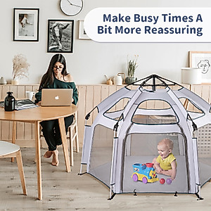 RUNBOW Baby Playpen - Indoor & Outdoor Playpen with Canopy, Portable Playpen for Babies and Toddlers-Baby Beach Tent,Foldable Travel Bag-Pop Up Pack and Play Yard(Grey)